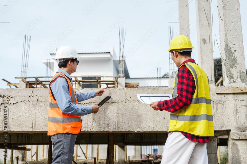Two male construction workers, including an Asian engineer ...