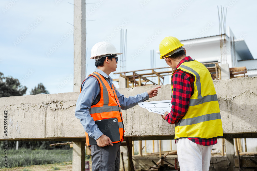 Two male construction workers, including an Asian engineer ...