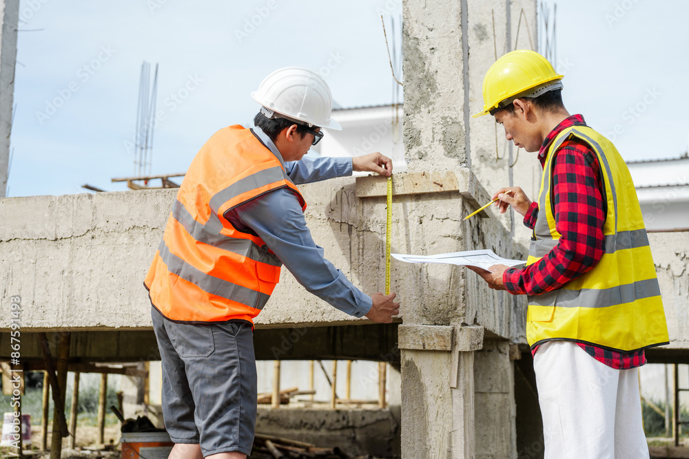 Two male construction workers, including an Asian engineer ...