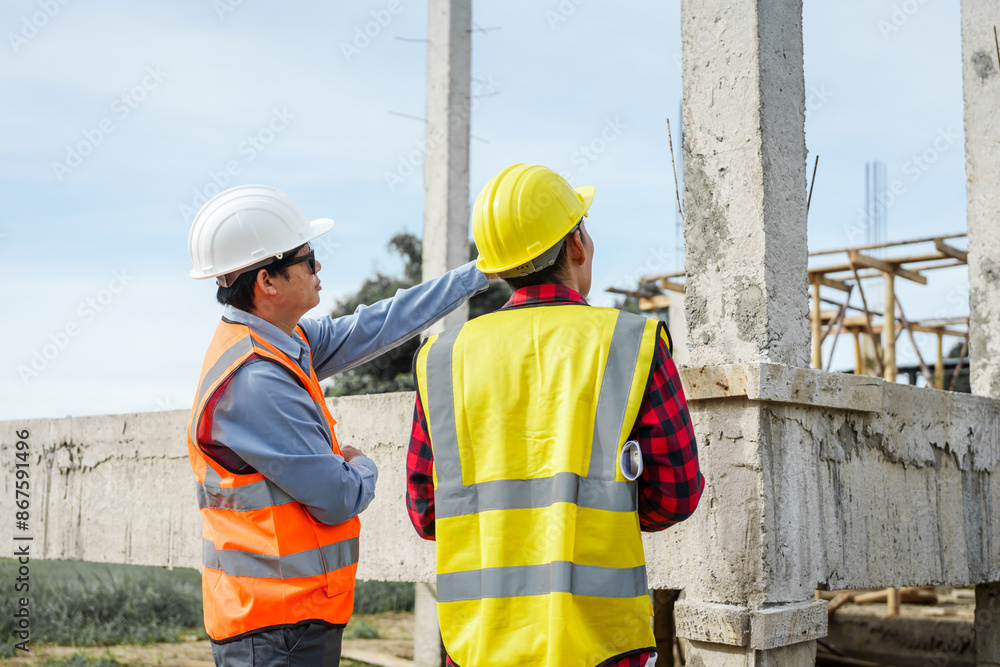 Two male construction workers, including an Asian engineer ...