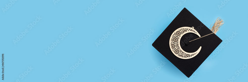 Ramadan education discounts banner, graduation cap and moon, arabic ...