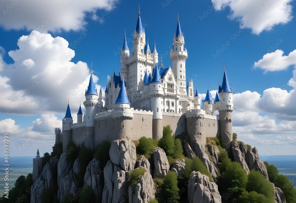 Fairy tales high fantasy castle on a impegnetrable rock cliff, white ...