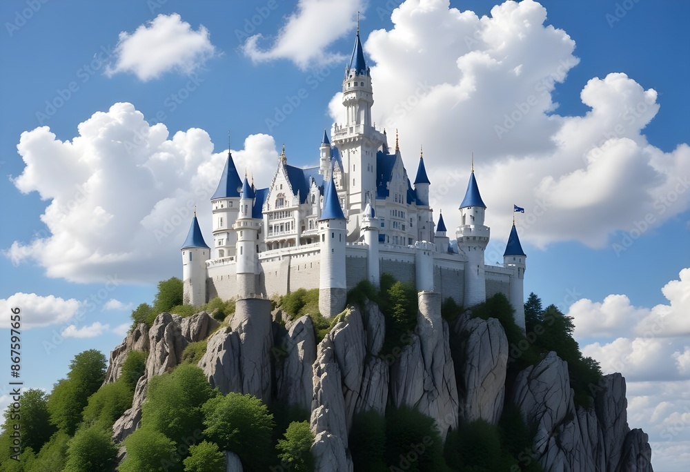 Fairy tales high fantasy castle on a impegnetrable rock cliff, white ...