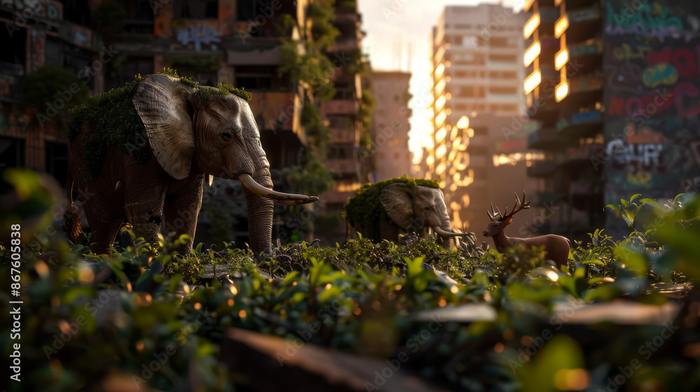 Elephants and deer roam in overgrown, abandoned city, showcasing urban ...