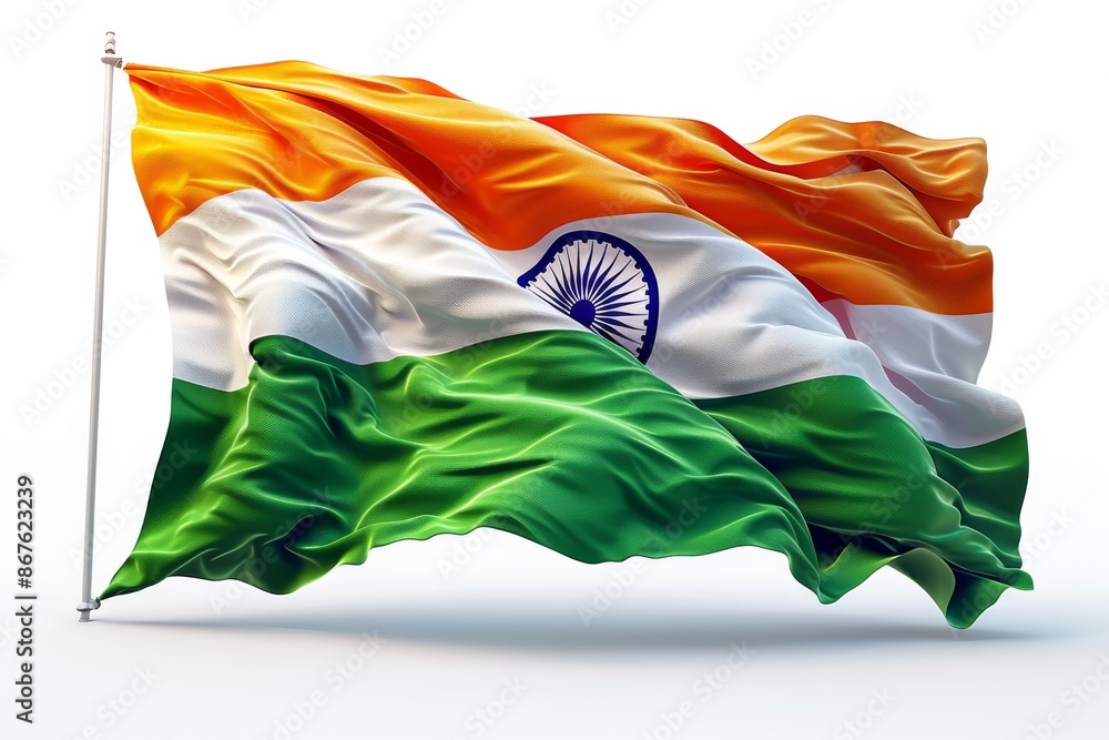 Waving Indian national flag, tricolor design with ornate Ashoka Chakra ...