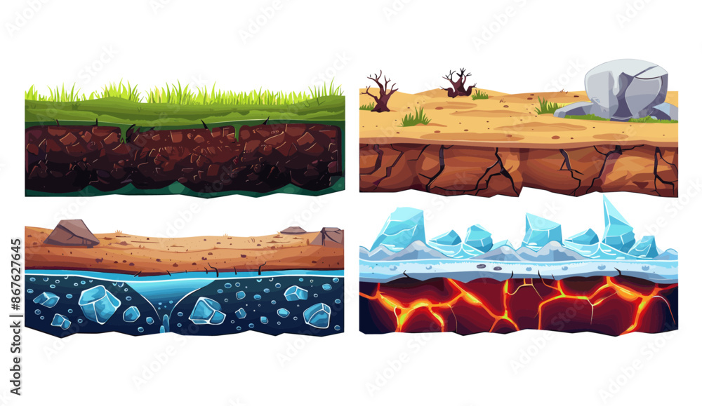 Cartoon vector set of seamless underground texture of soil with green ...