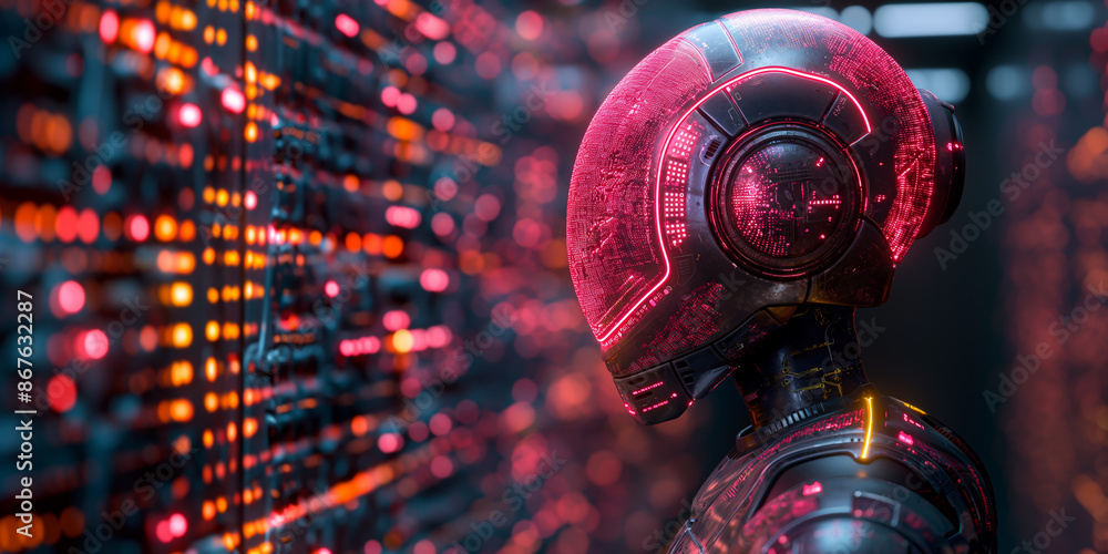High-Tech Cyborg with Pink Glowing Helmet Displaying Digital Codes in a Futuristic Control Room ...