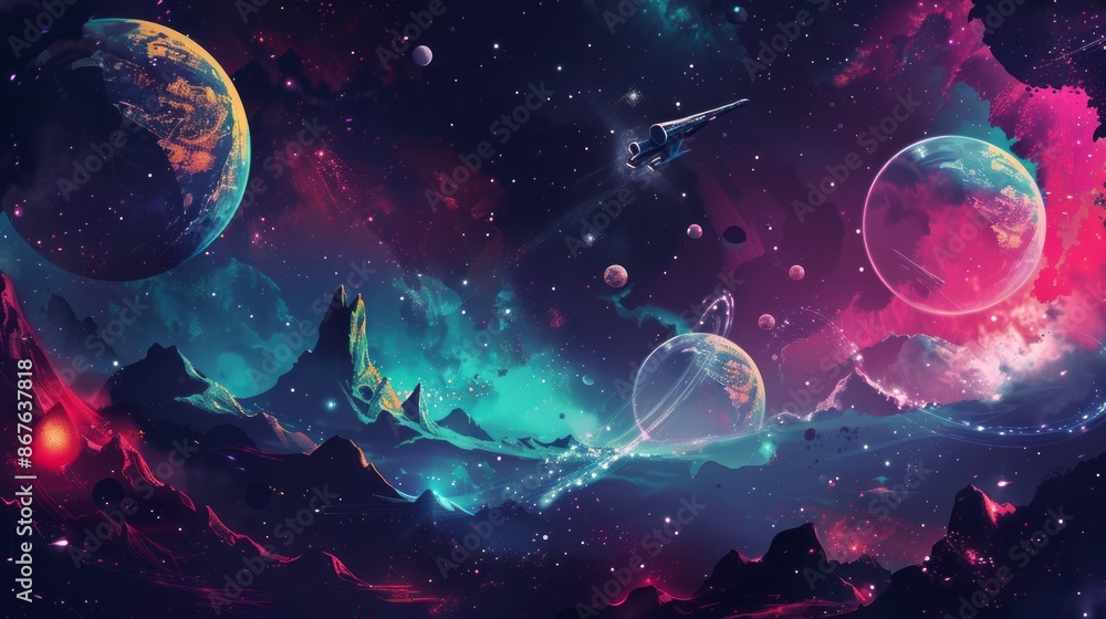 Colorful vintage abstract galaxy illustration with retro futuristic ...