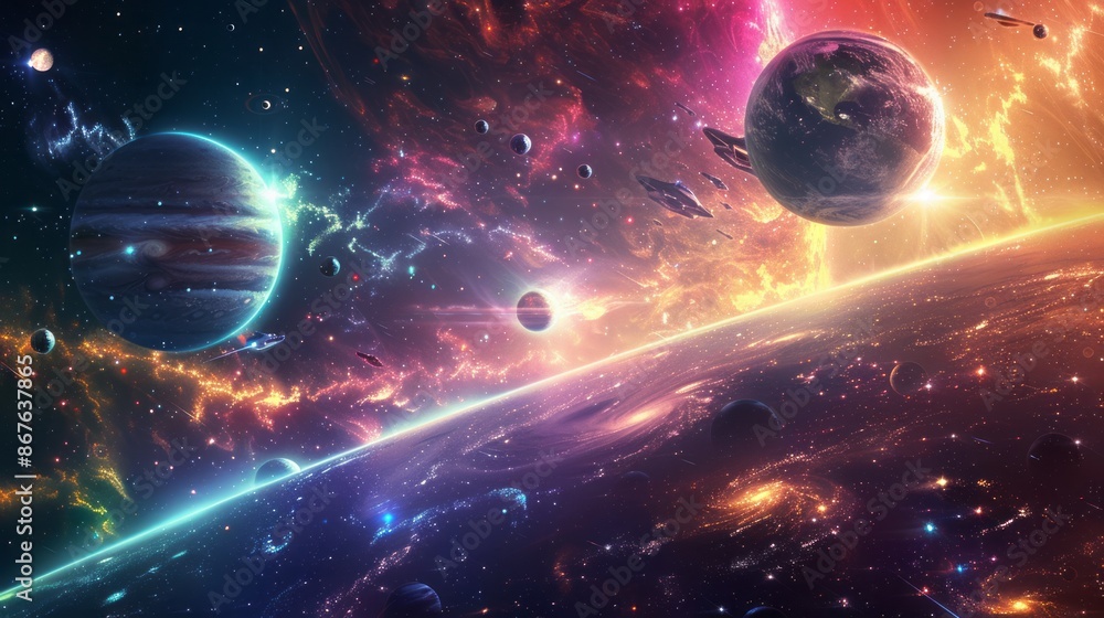 Colorful vintage abstract galaxy illustration with retro futuristic ...