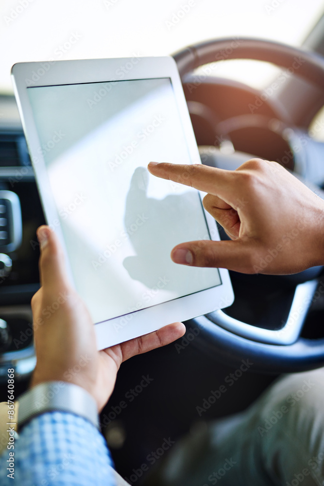 Car, hands and screen of tablet for navigation, location direction and ...