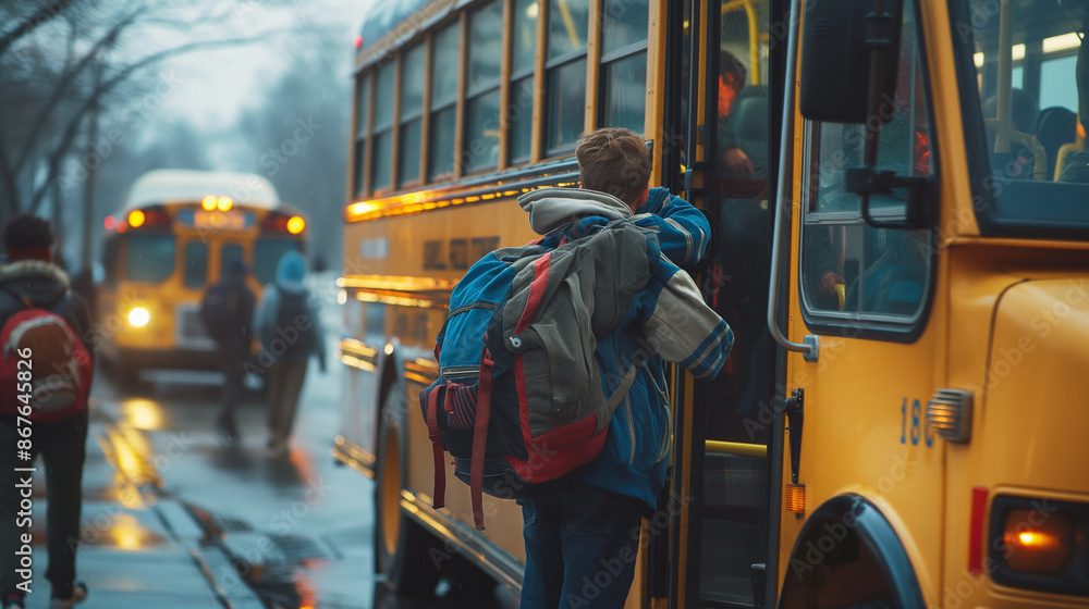 Students boarding a school bus in the morning, capturing the hustle and ...