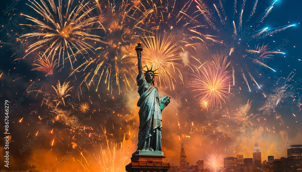 Celebration fireworks exploding behind the statue of Liberty. New year ...