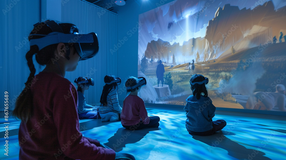 Virtual reality VR classroom with students exploring historical events ...