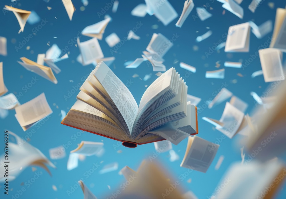 open book flying through the air with its pages turning, against a blue ...
