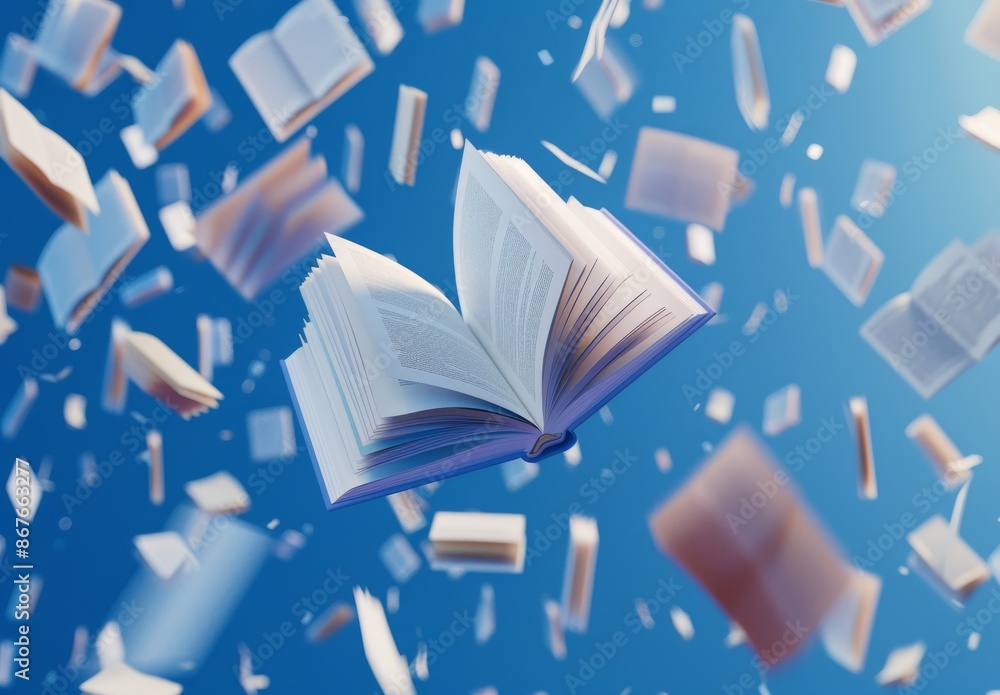 open book flying through the air with its pages turning, against a blue background, with other ...