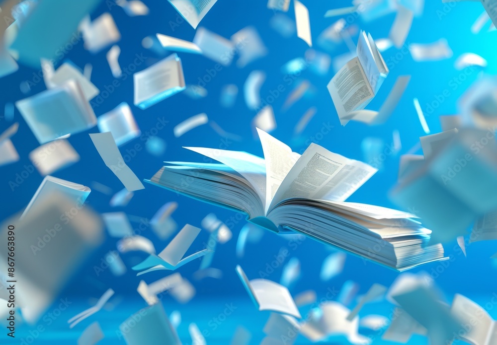 open book flying through the air with its pages turning, against a blue ...