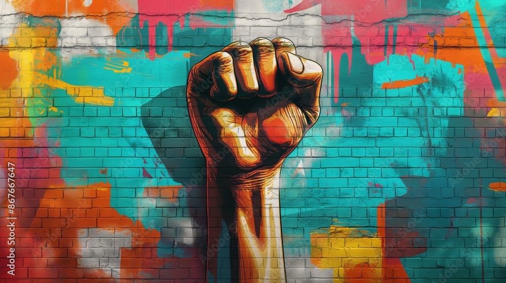 Vibrant Street Art Fist Graffiti on Colorful Brick Wall Stock Photo ...