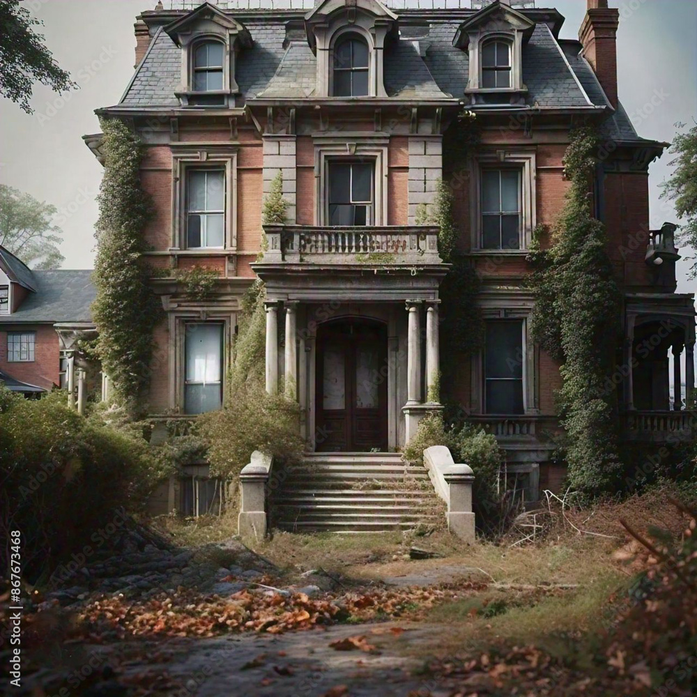 ghost bungalow and very decayed and fallen leaves of bushes trees and ...
