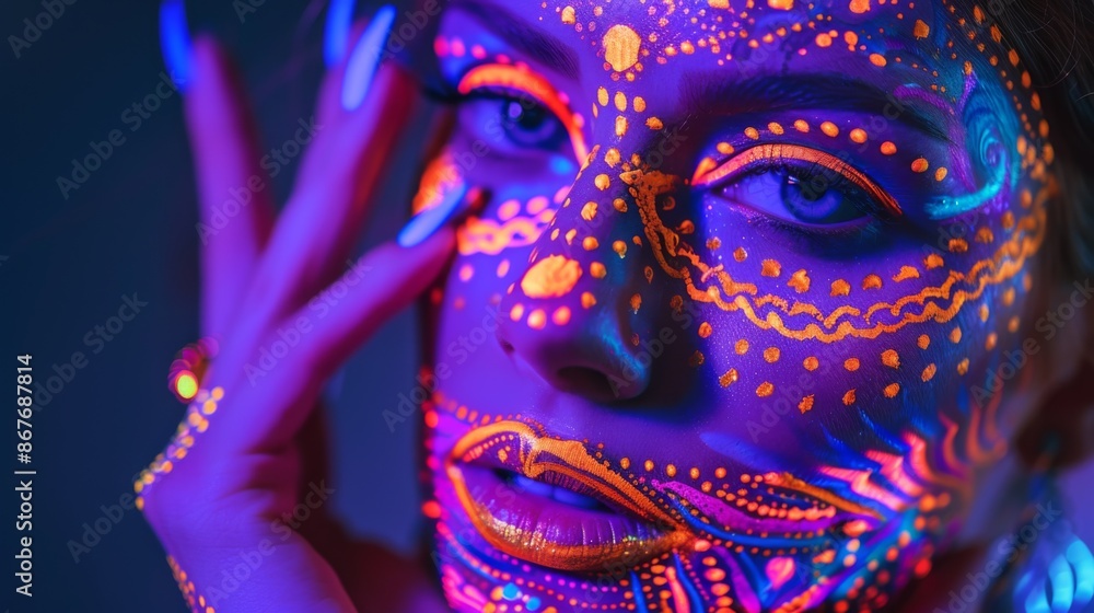 An artistic image showcasing detailed neon body paint that glows in the ...
