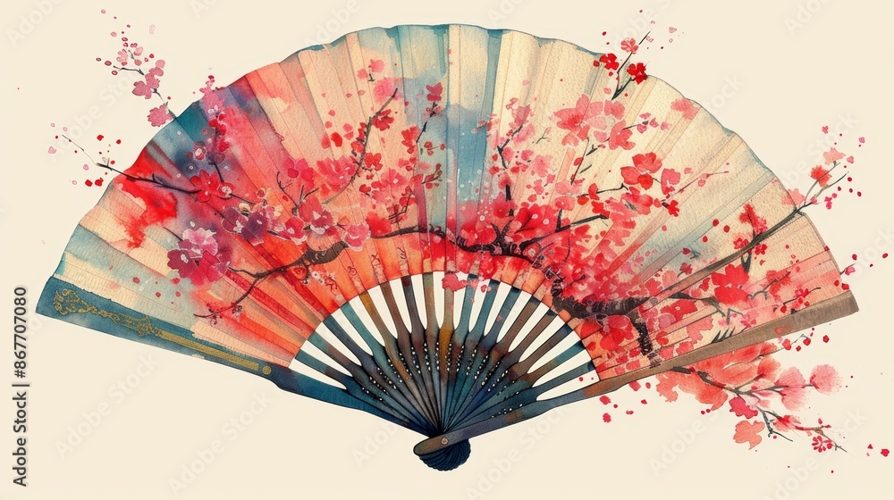 A traditional Japanese fan with a floral design, featuring cherry ...
