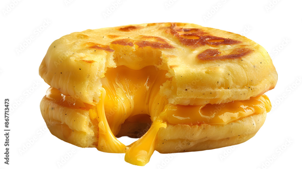 An appetizing cheese arepa, cut open to reveal melted cheese oozing out ...
