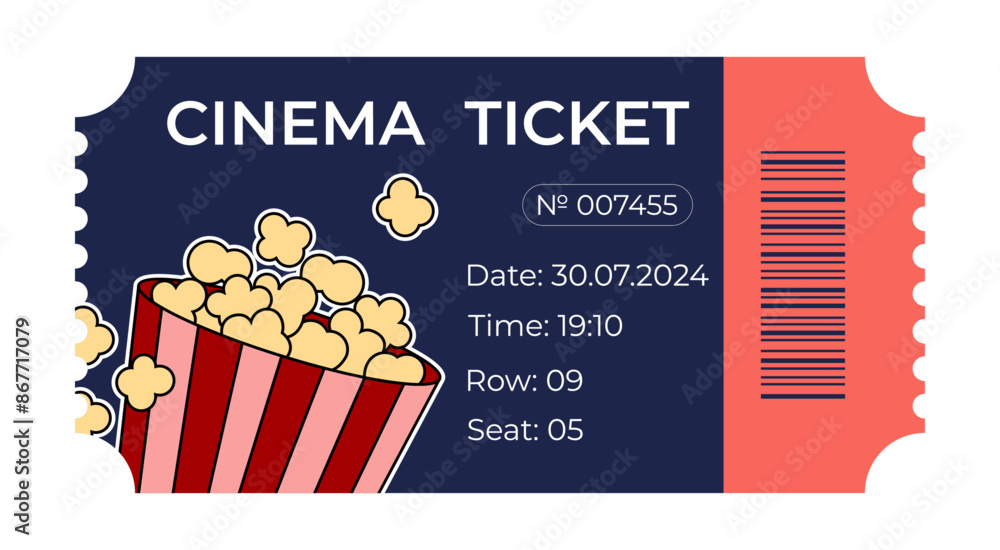 Groovy cinema coupon template. Retro movie ticket, mascot popcorn ...