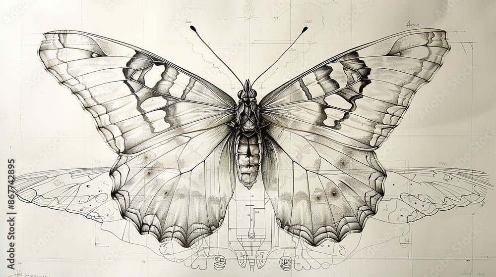 wide charcoal pencil drawing illustration of beautiful butterfly with ...