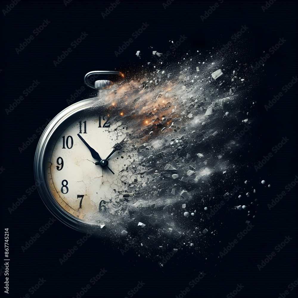 Fleeting time concept. Analog clock dissolving on black background ...
