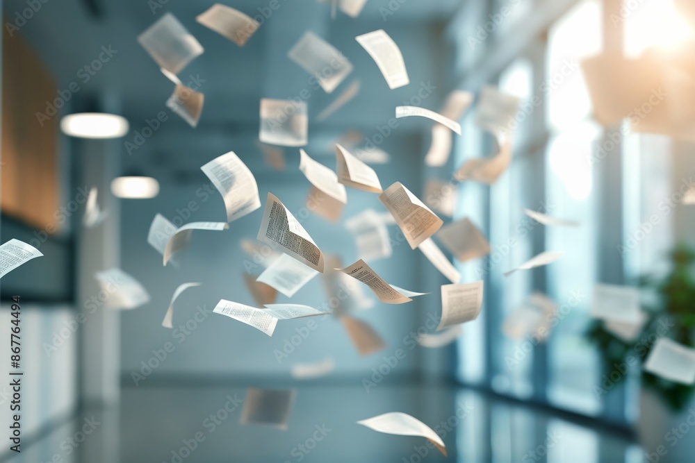 Numerous papers float through an empty room with a blurred background, emphasizing motion and ...