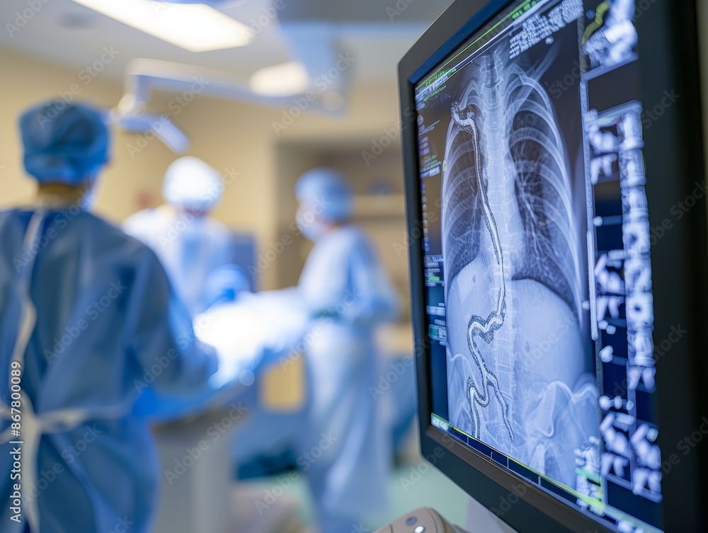 fluoroscopy screen during an ERCP procedure, showing the detailed X-ray ...