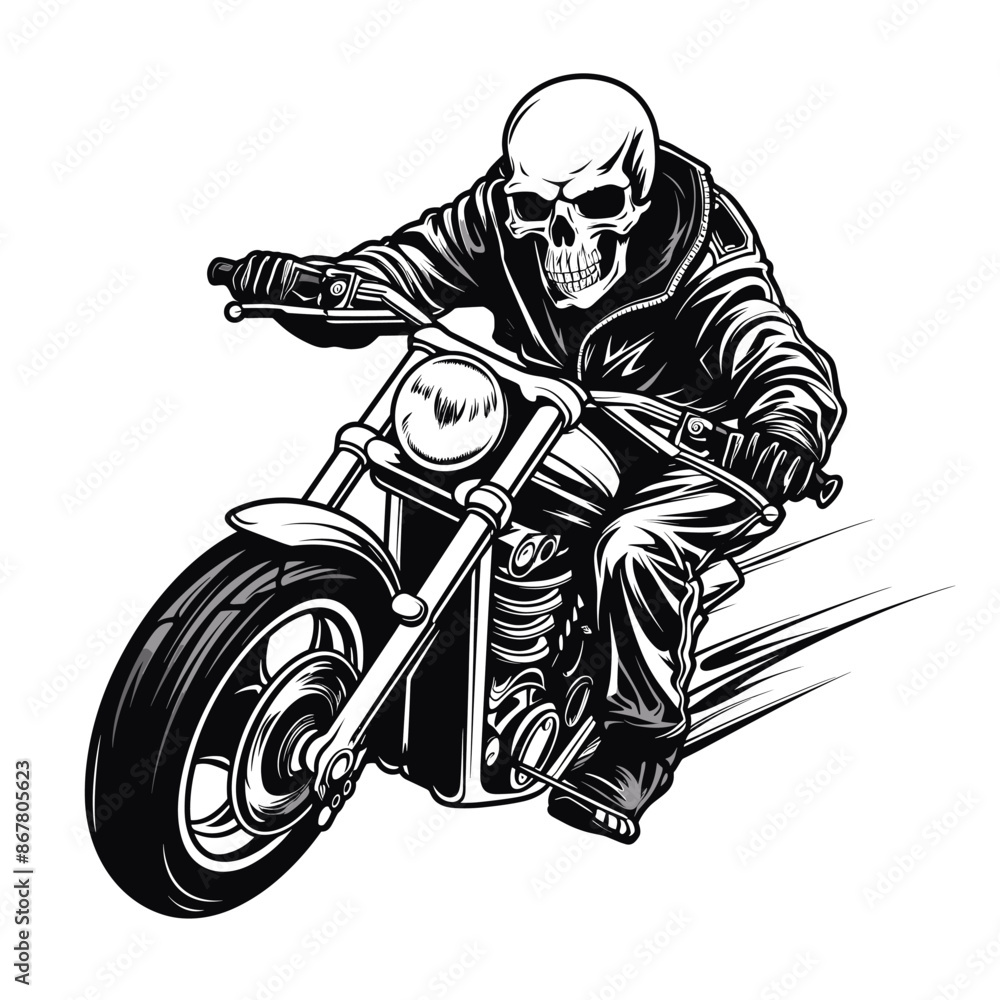Bold Detailed Skeleton Biker on Motorcycle, Tattoo Style, High-Quality ...