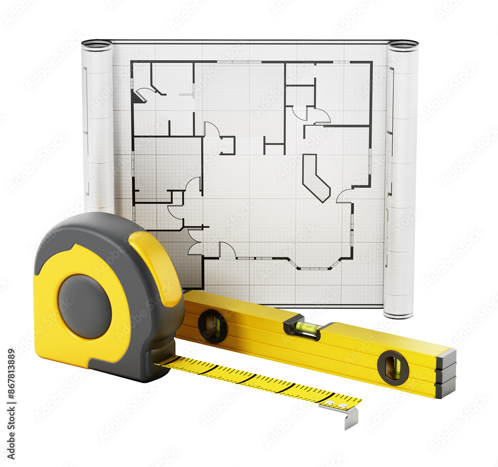 Tape measure, water level and bluprint isolated on transparent ...