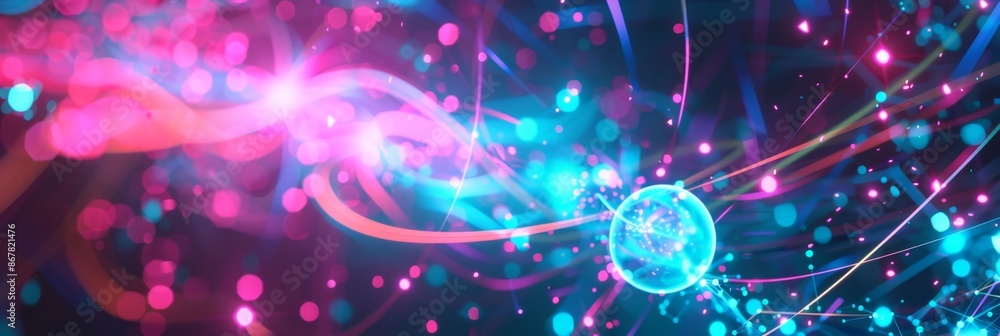 Quantum Computing, a vibrant abstract background with flowing neon lines and qubit symbols ...