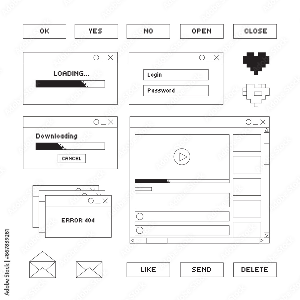 Collage of user interface elements, UI and UX themes. Fashionable case in the vaporwave style of ...