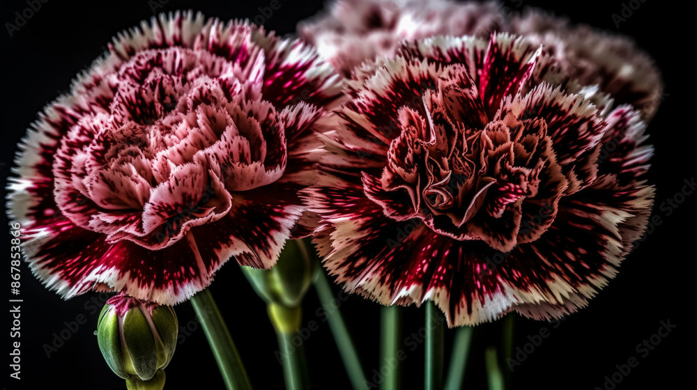 A close up of a red and white carnation flower with a black background ...