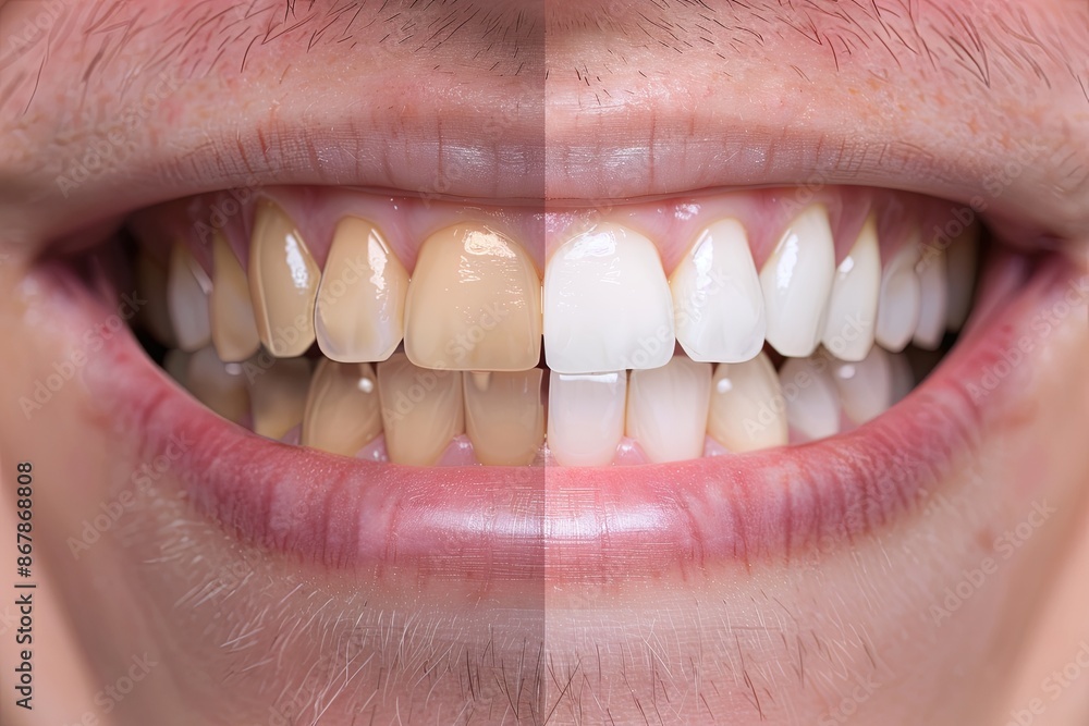 Close up image of a mans mouth before and after teeth whitening ...