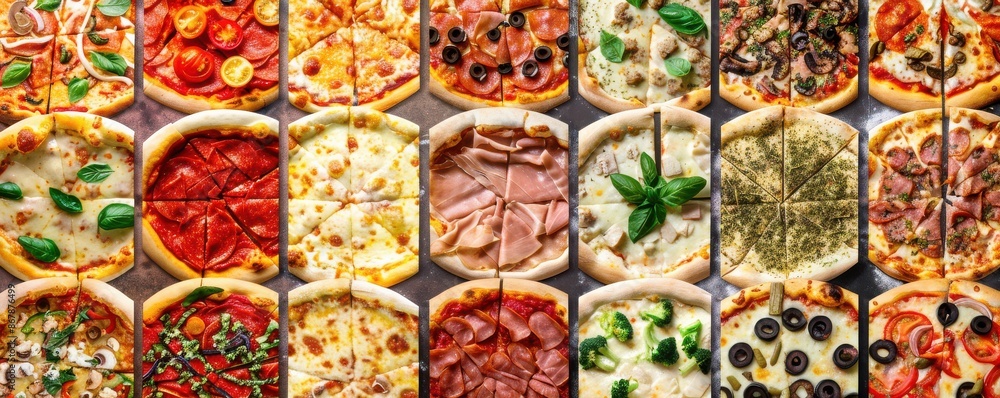 A collection of pizzas with various toppings, including pepperoni, ham ...