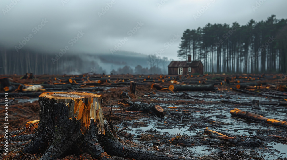 a house near a deforested land, stumps ,the consequences of ...