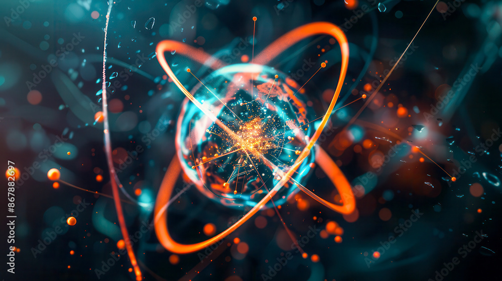 Holographic model of an atom, orbiting electrons, dark background Stock ...