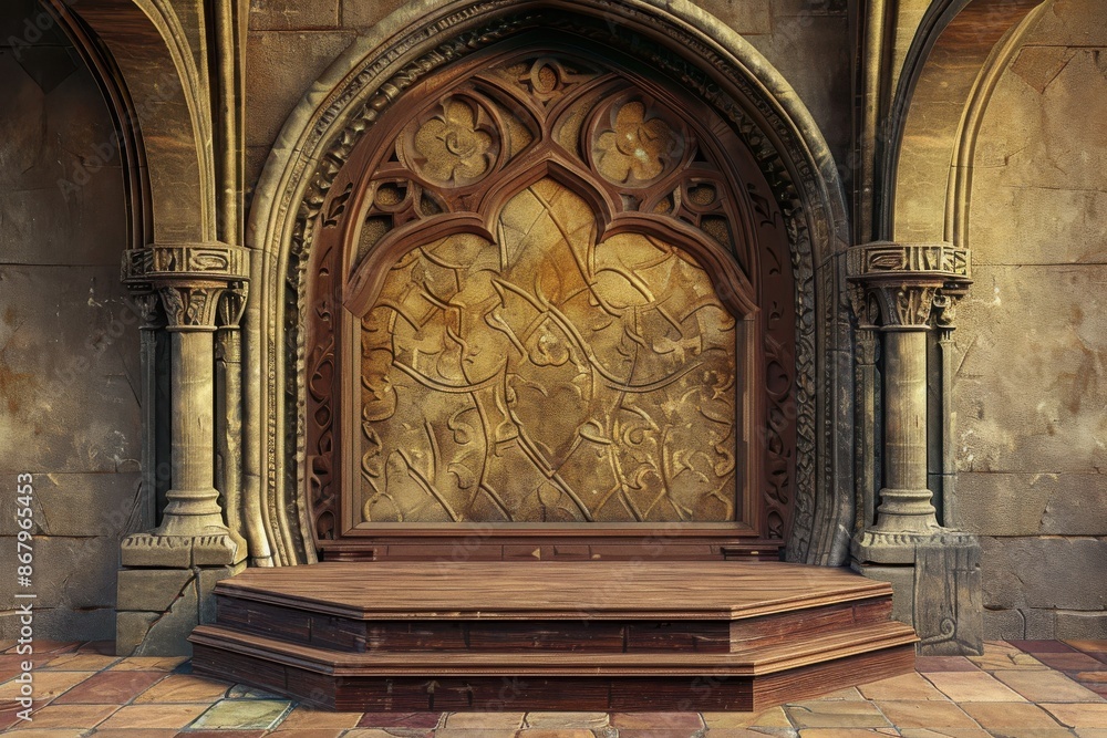 Gothic arched alcove with ornate window in medieval castle or church ...