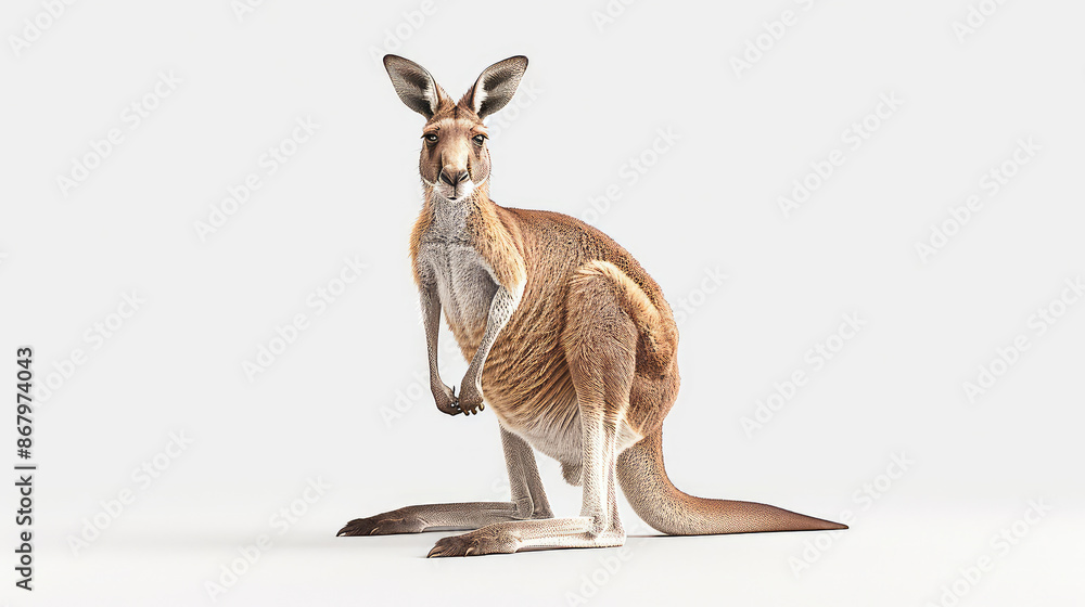Against a clean white background, a red kangaroo strikes a powerful ...
