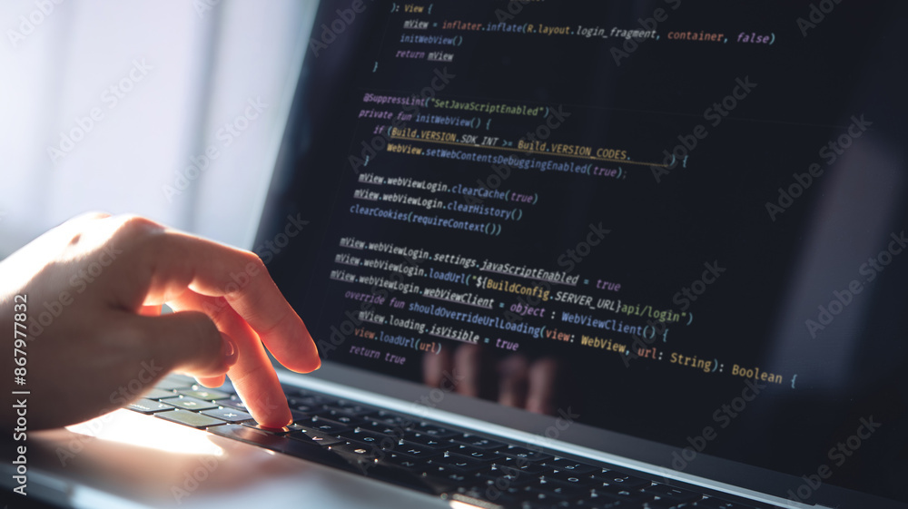 Computer programmer, software engineer typing, coding javascript on ...