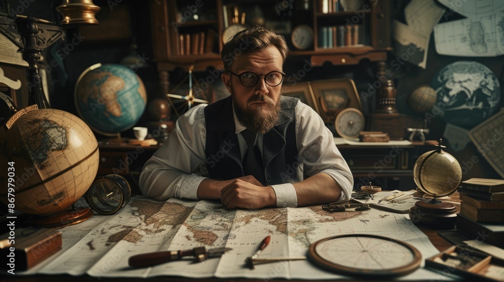 The picture of the cartographer working inside the workshop doing about ...