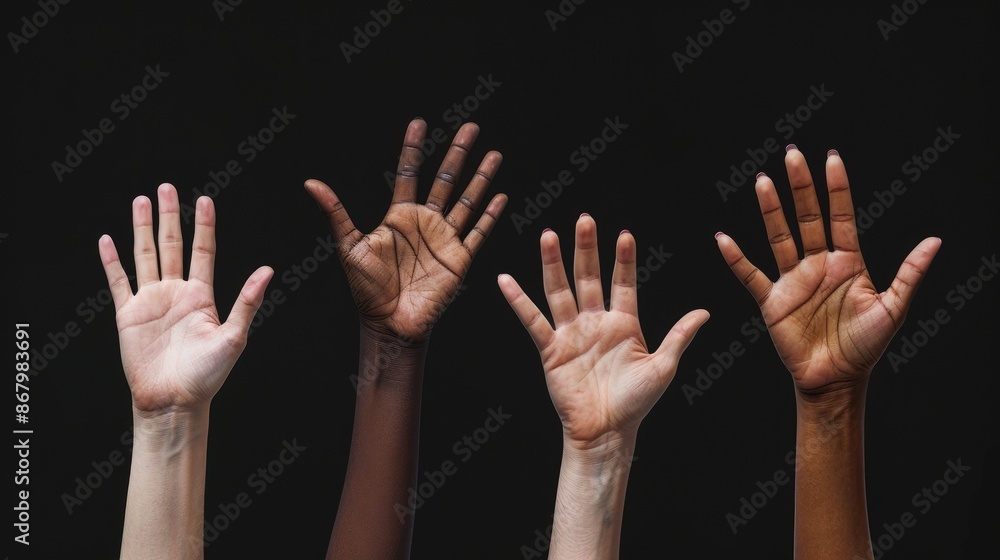 People of different races and skin tones raising their hands in front ...