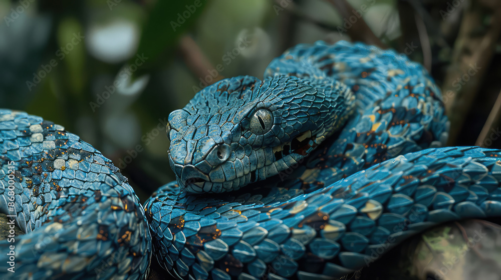 In a mesmerizing closeup, a blue viper snake reveals its intricate ...