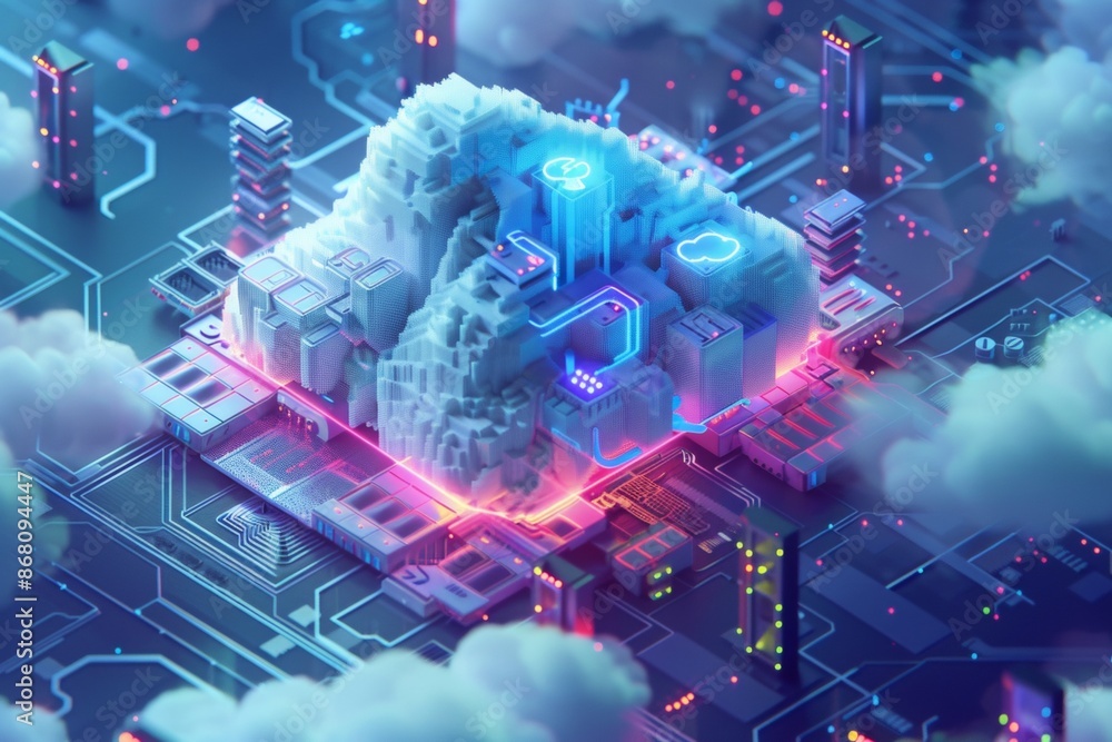 A fluffy pixel art cloud morphing into chunky servers and blocky ...