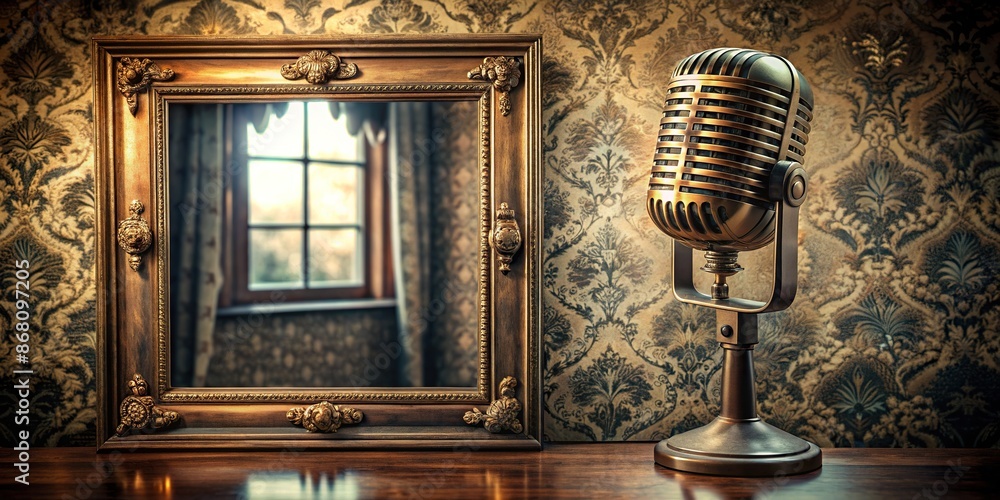 Vintage style studio portrait setup with antique microphone and ornate ...