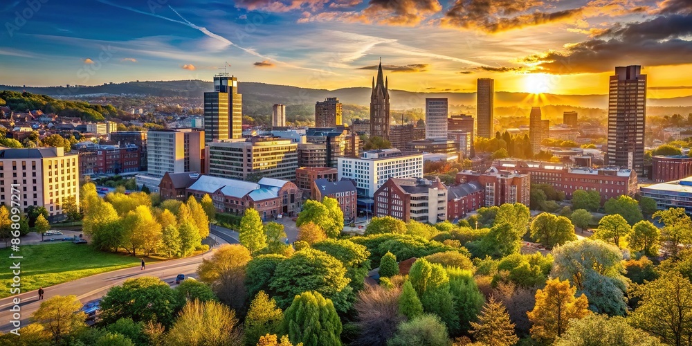 Warm sunlight casts a glow on the modern cityscape of Sheffield ...