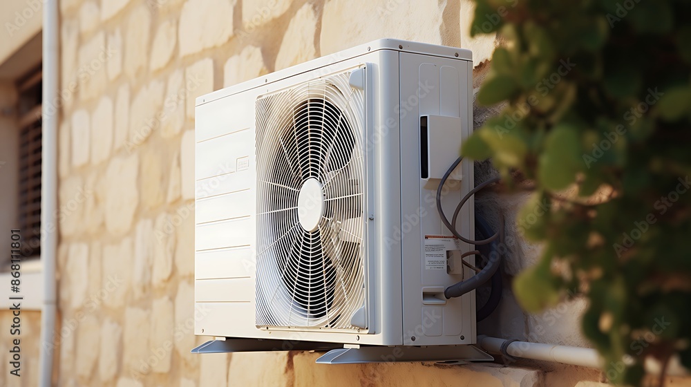 The image shows a white air conditioning unit on a building's exterior ...