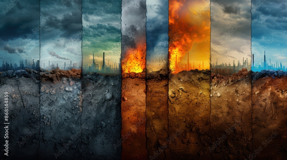 Dramatic artistic environmental collage showing a timeline from ...
